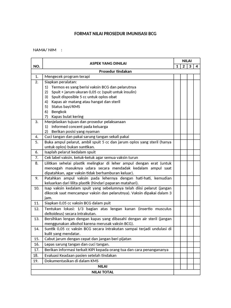 FORMAT NILAI PROSEDUR IMUNISASI | PDF