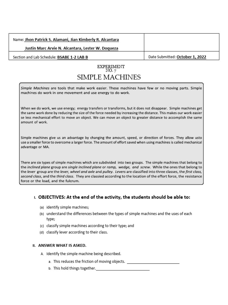 Phys1107LabB Act8 AlamaniAlcantaraJianAlcantaraJustinDoqueza | PDF | Lever | Machines