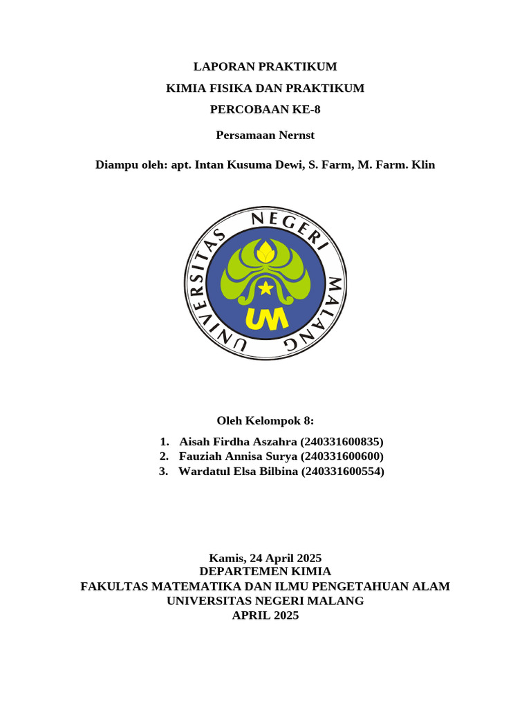 Praktikum Persamaan Nernst dalam Elektrokimia | PDF