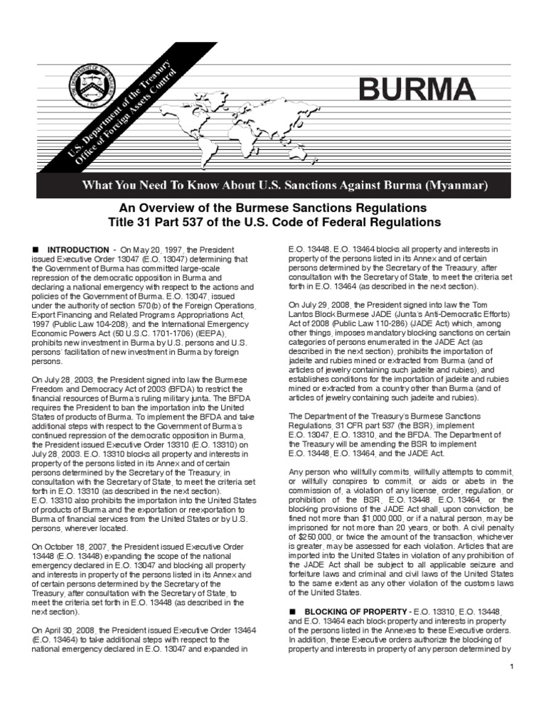 An Overview of The Burmese Sanctions Regulations Title 31 Part 537 of ...