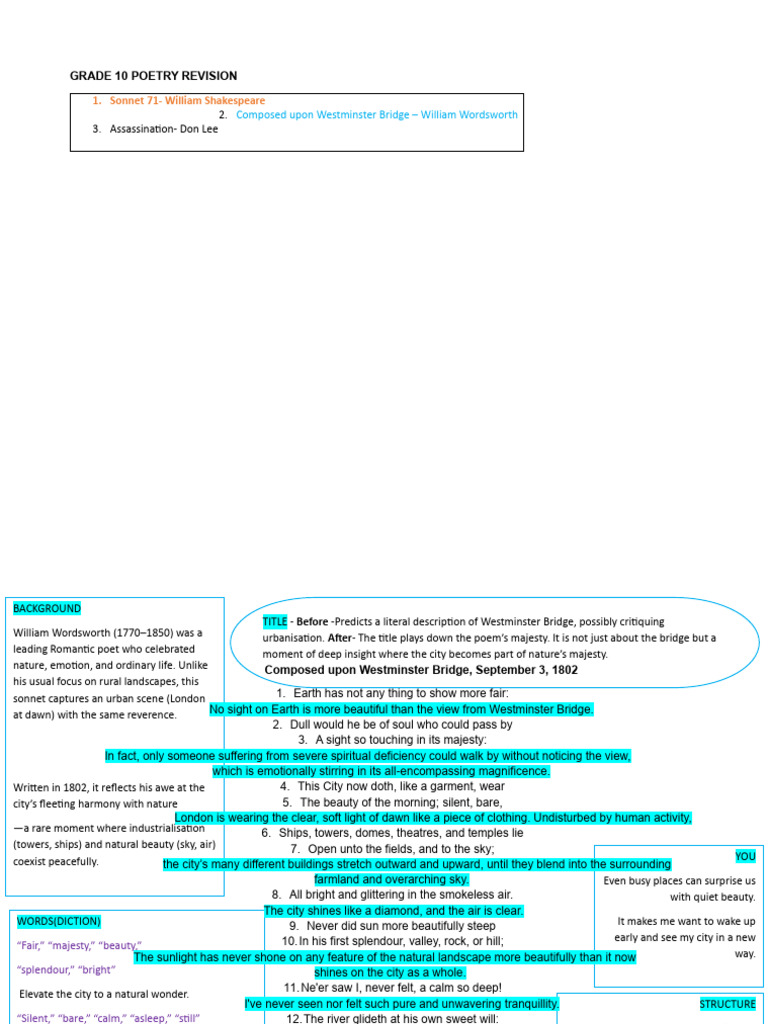 Grade 10 Poetry Revision Upon Westminister Bridge | PDF | Poetry | Sonnets