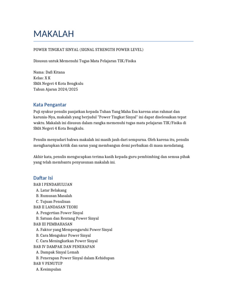 Makalah Power Tingkat Sinyal Dafi Kitana Perluasan 2 | PDF