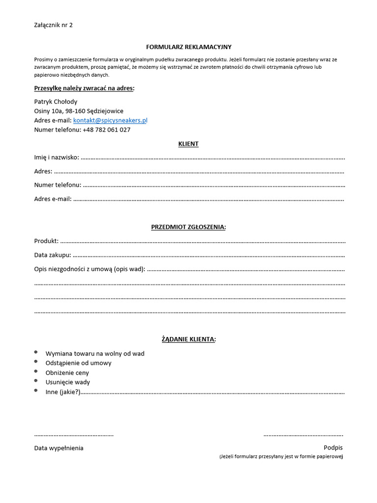 FORMULARZ REKLAMACYJNY 2 Kopia | PDF