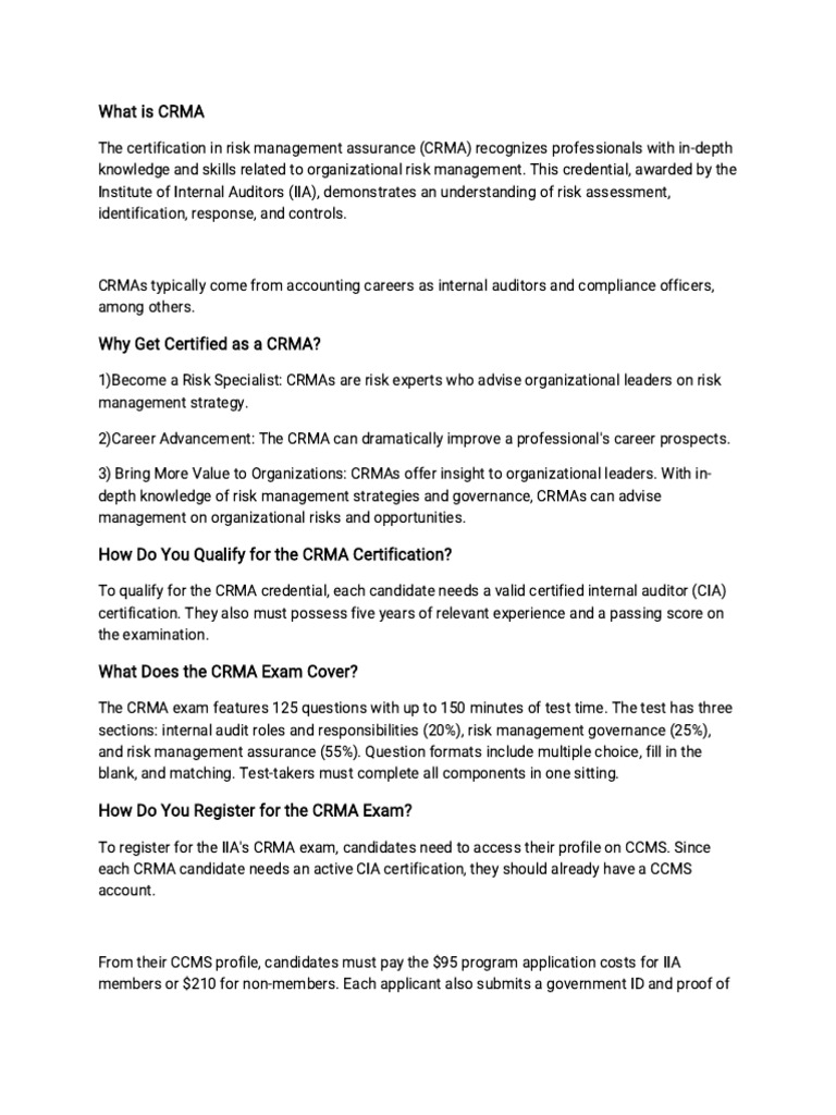 CRMA Certification Guide: Exam & Benefits | PDF | Internal Audit | Audit