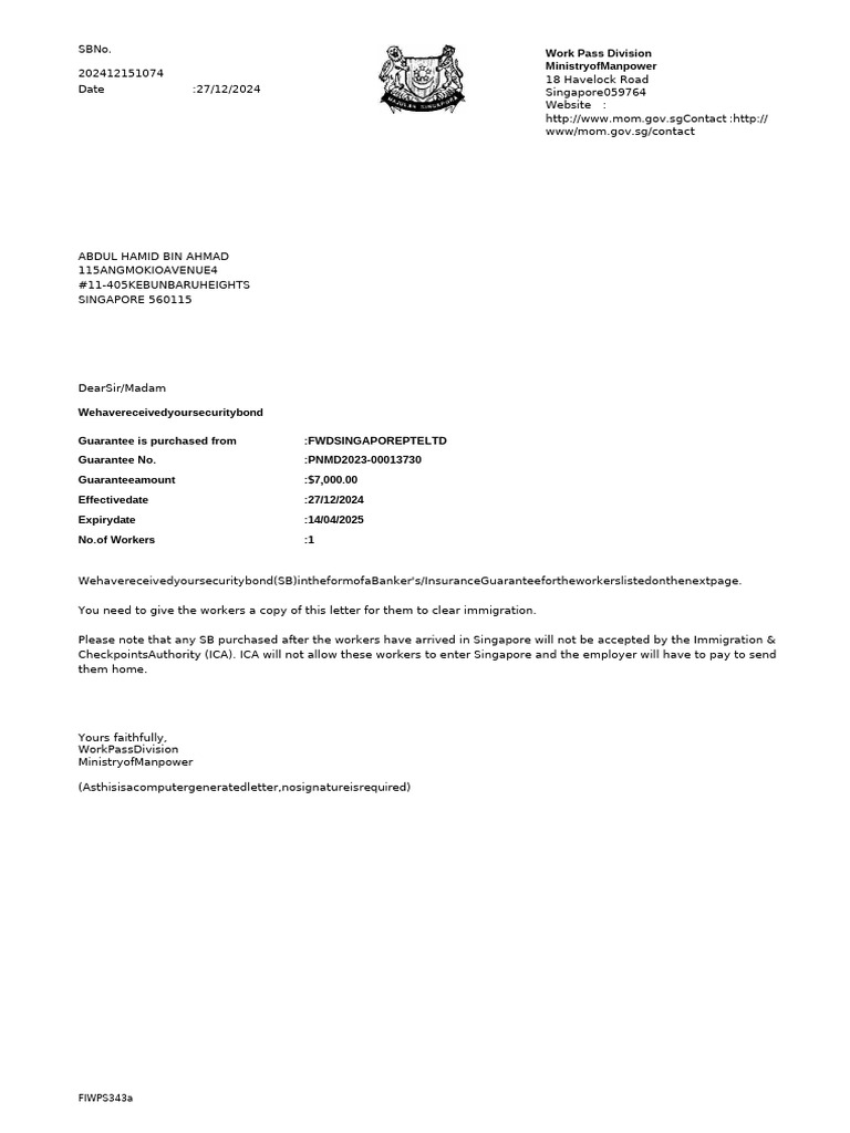 Security Bond Confirmation Letter | PDF