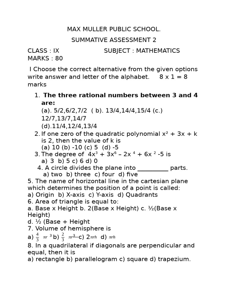 Class 9 SA2 Maths Question Paper 2025 | PDF | Geometry | Euclid