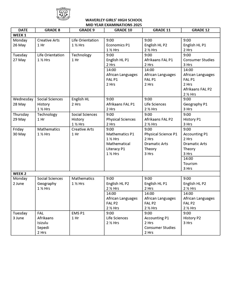 Grade 8 June Exam Timetable 2025 | PDF | Science