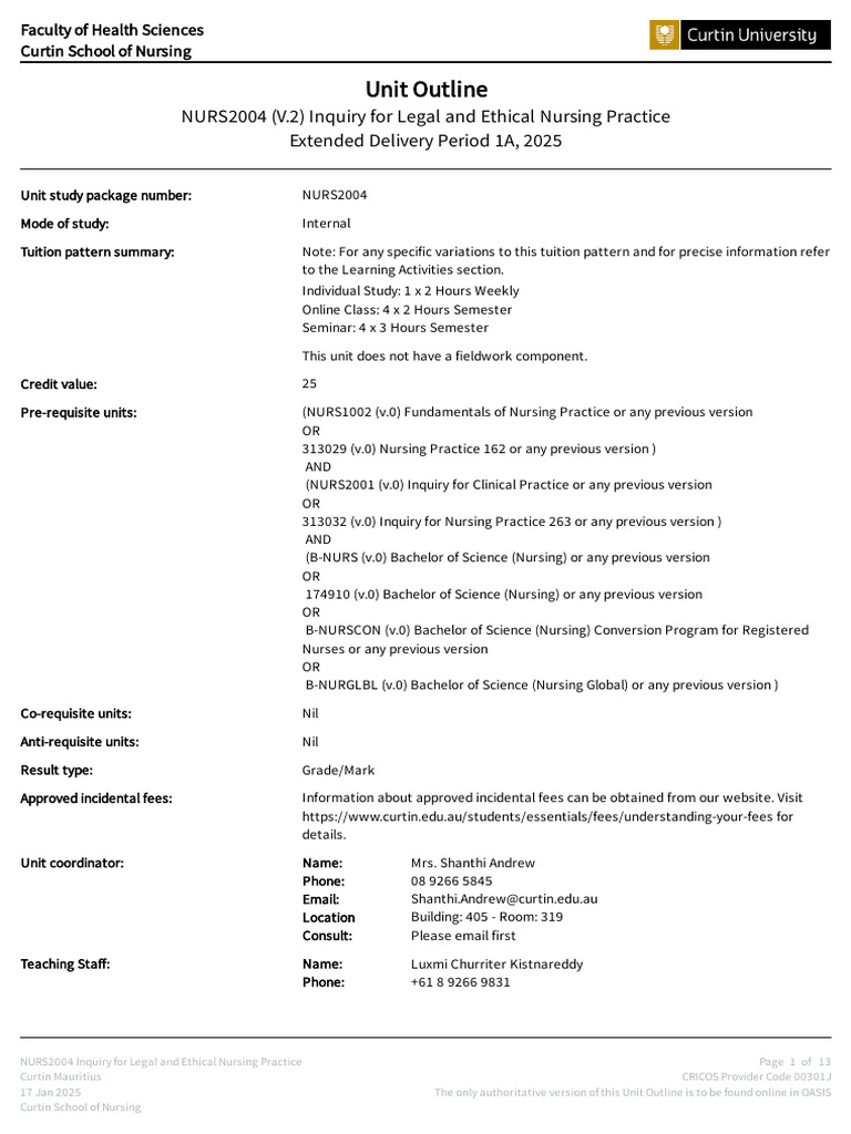 NURS2004 Inquiry For Legal and Ethical Nursing Practice Extended Delivery Period 1A 2025 Curtin ...