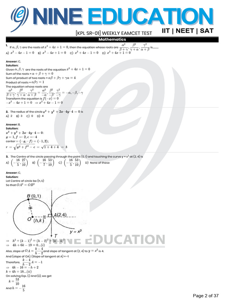 [Kpl Sr-01] Weekly Eamcet Test_solutions | PDF | Circle | Slope