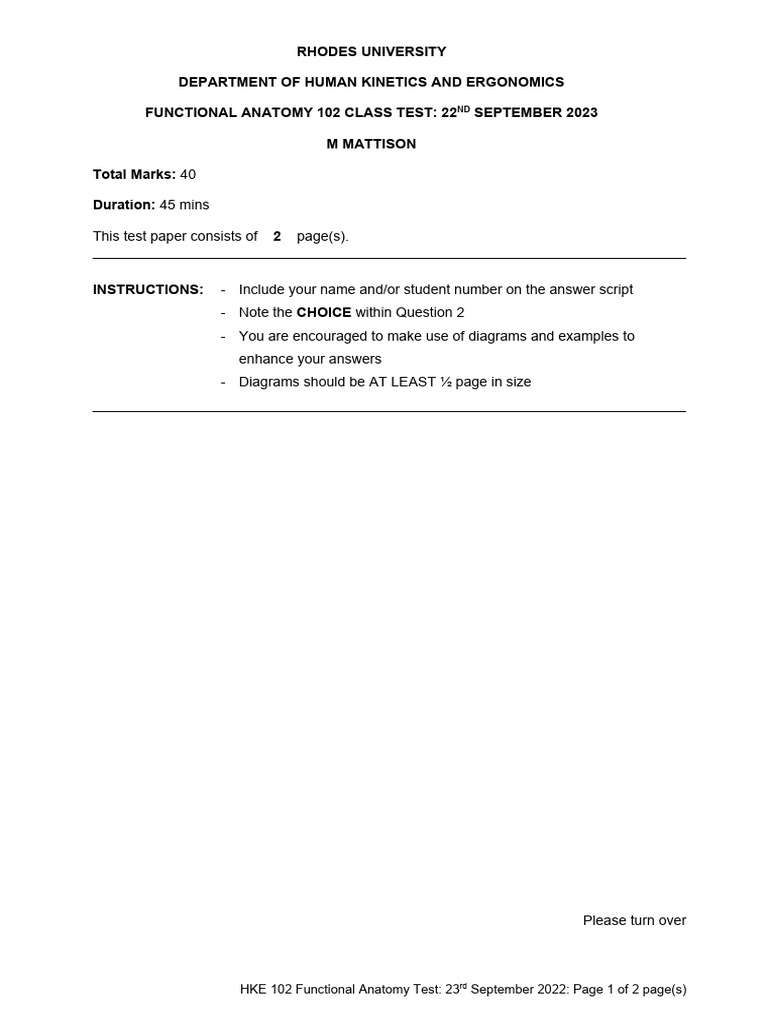2023 Functional Anatomy 102 - Class Test | PDF | Musculoskeletal System ...