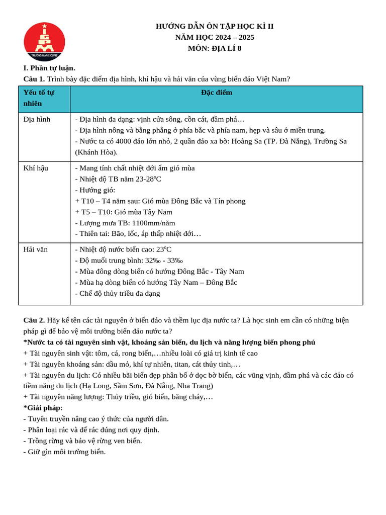 Hướng Dẫn Ôn Tập Học Kì Ii NĂM HỌC 2024 - 2025 Môn: Địa Lí 8 I. Phần tự luận. Câu 1. Yếu tố tự ...
