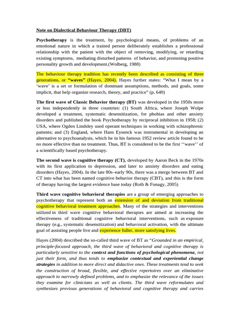 Note On Dialectical Behaviour Therapy | PDF | Dialectical Behavior Therapy | Behaviour Therapy