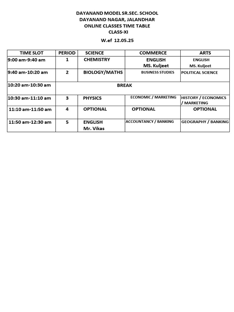 Online Classes Time Table Class Xi | PDF