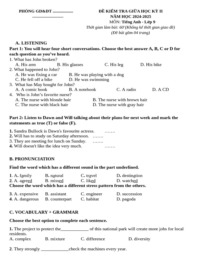 BỘ ĐỀ THI CUỐI HK2 LỚP 9 FORM 2025 PHÒNG GD VÀ ĐT HUYỆN | PDF | Mount Everest | Cyberbullying