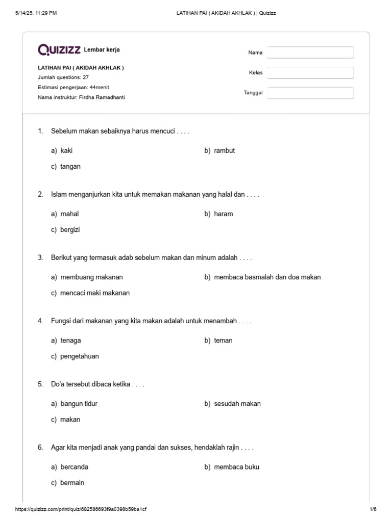 LATIHAN PAI (AKIDAH AKHLAK) - Quizizz | PDF