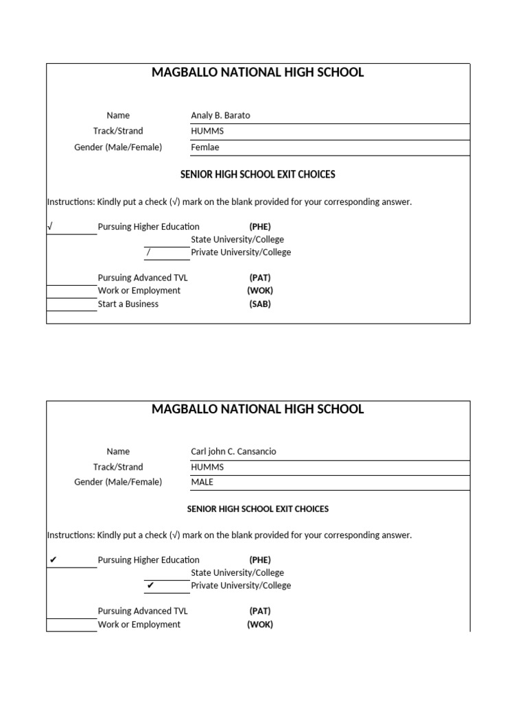 Senior High Exit Choice Template | PDF