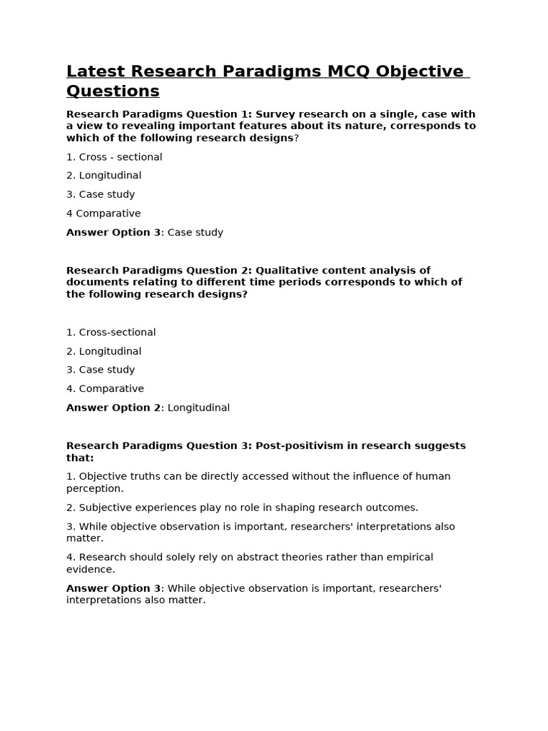 Research Paradigms: MCQ Overview | PDF | Positivism | Reality