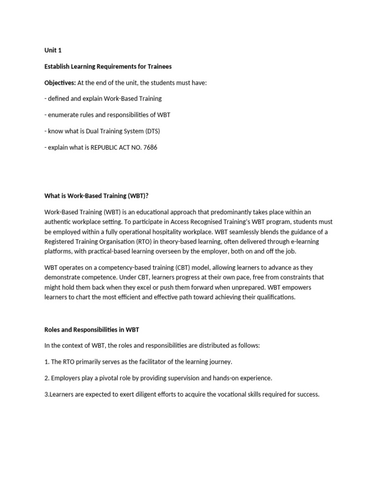 Unit I Establish Learning Requirements For Trainees | PDF | Educational ...
