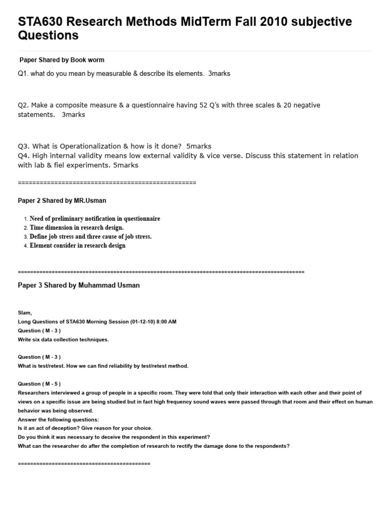 Research Methods MidTerm Fall 2010 Subjective Questions | PDF