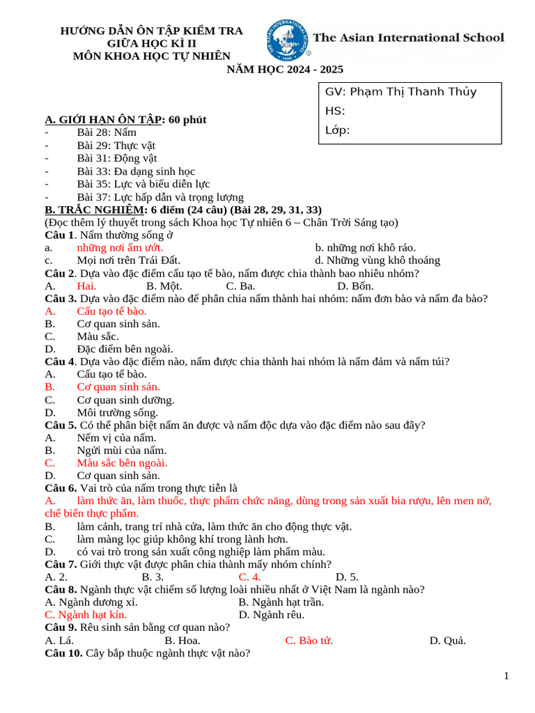 ÔN TẬP KHTN 6 giưa ki 2 - TN + TL | PDF