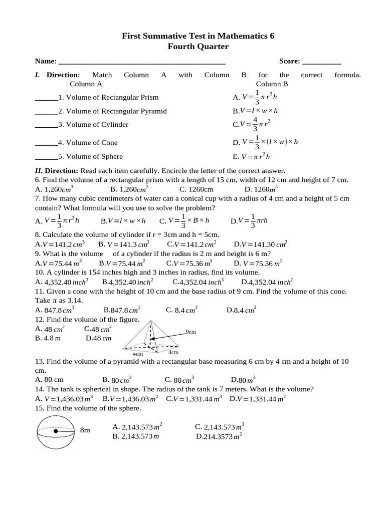 Math 6 Q4 Summative Tests 1-4 | PDF | Volume | Sphere