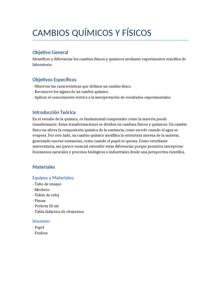 Informe Cambios Quimicos y Fisicos | PDF | Química | Sustancias químicas