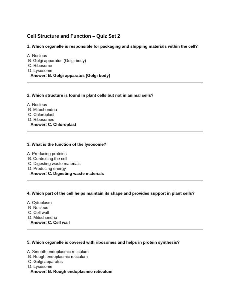 Cell Structure and Function - Quiz Set 2 | PDF