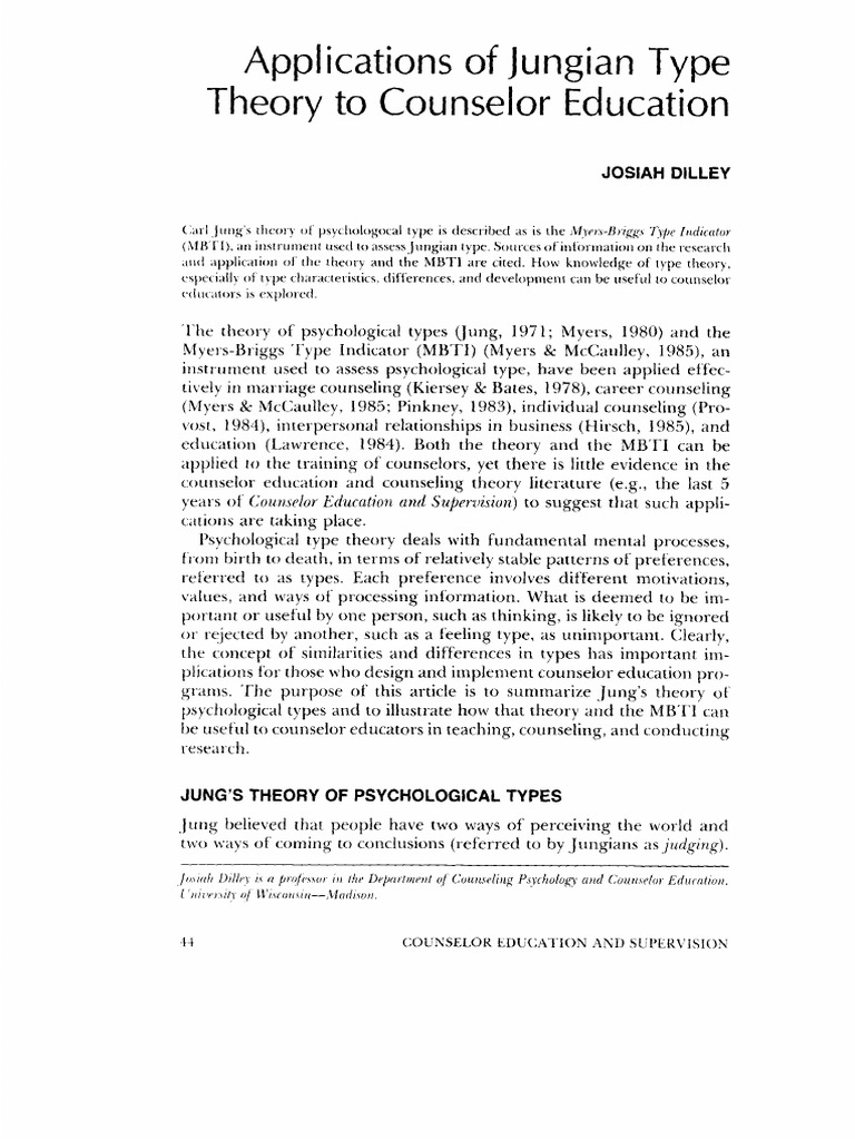Applications Jungian Theory To Counselor Education: Josiah Dilley | PDF