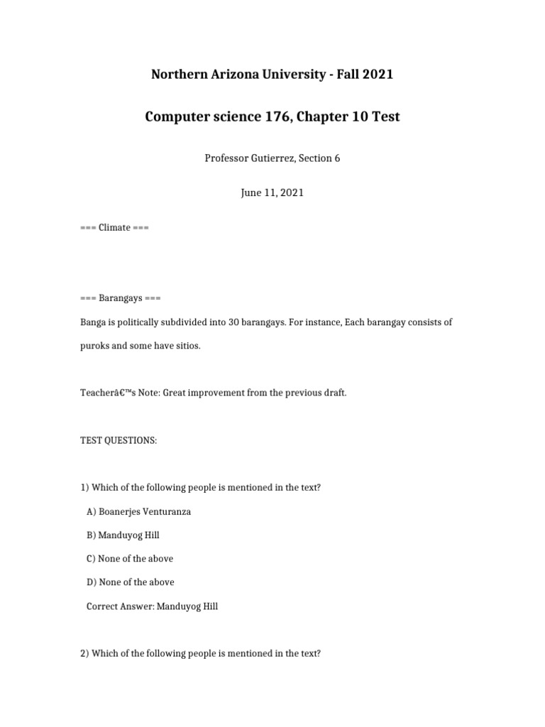 NAU Fall 2021 CS176 Chapter 10 Test | PDF