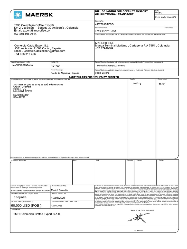 Example Maersk BIll of Lading | PDF | Bill Of Lading | Freight Transport