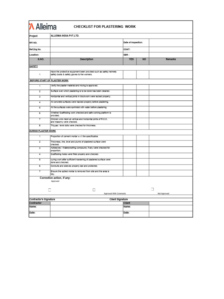 Alleima Checklist of Plaster Work | PDF | Plaster | Secondary Sector Of ...