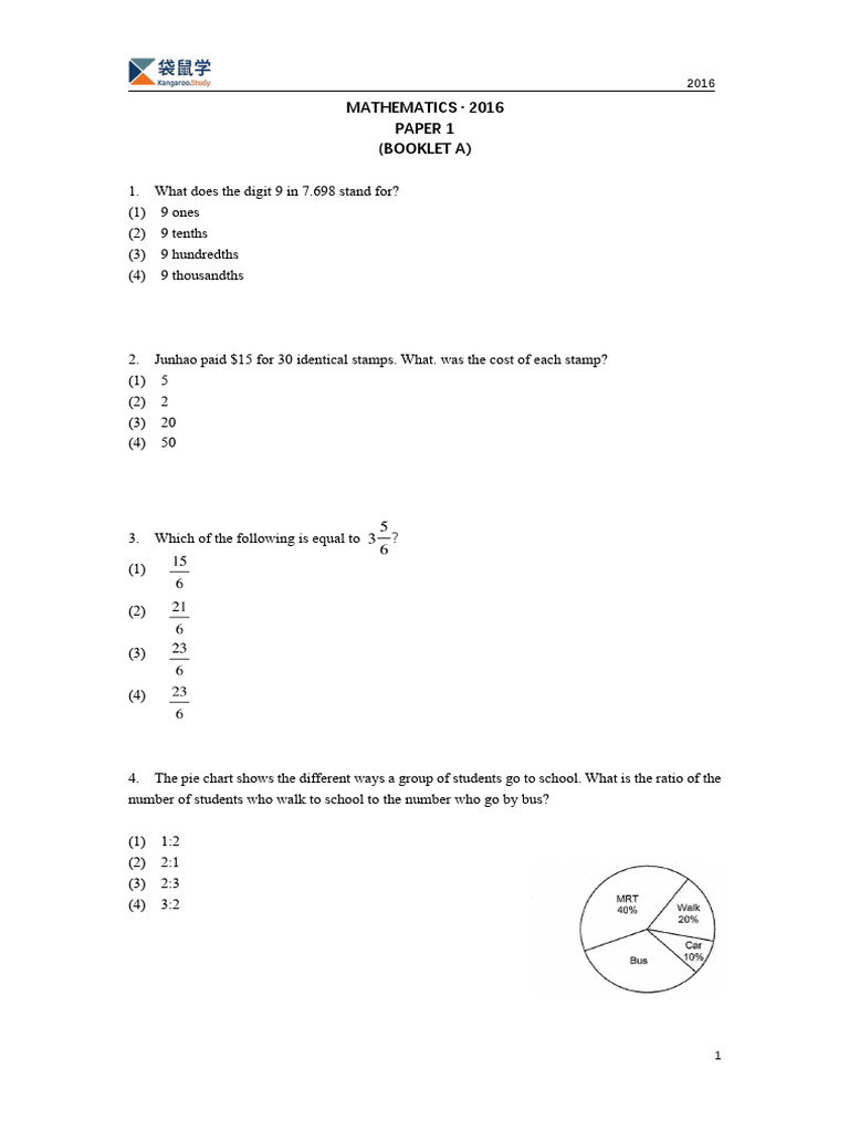 2016 PSLE Mathematics Paper 1 | PDF | Area | Rectangle