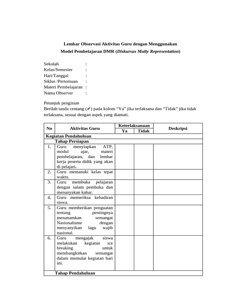 Observasi Aktivitas Guru DMR di Kelas | PDF