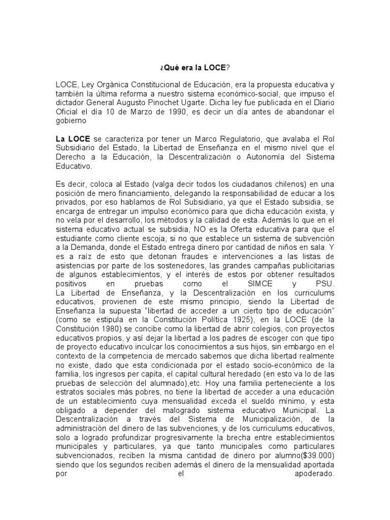 La LOCE: Contexto y Consecuencias en Chile | PDF | Estado (política ...