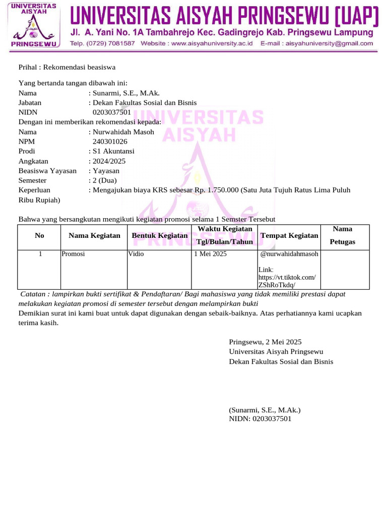 Surat Rekomendasi Zainab | PDF