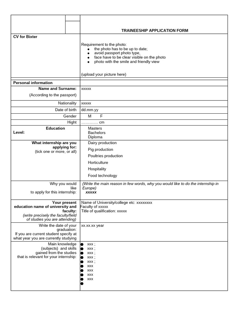 Bixter Traineeship Application Form | PDF