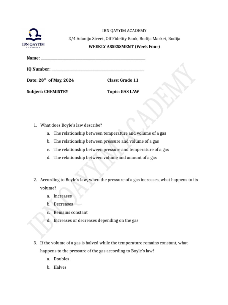 Grade 11 Gas Laws Assessment | PDF | Gases | Mole (Unit)