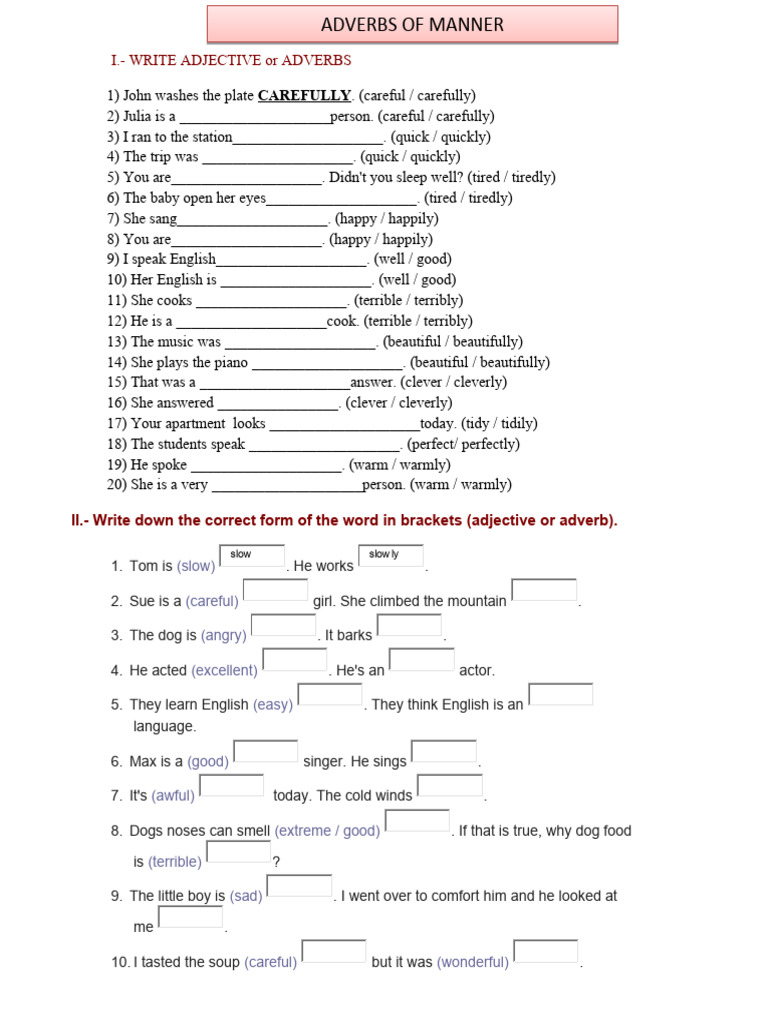 Adverbs of Manner Exercises 1 | PDF