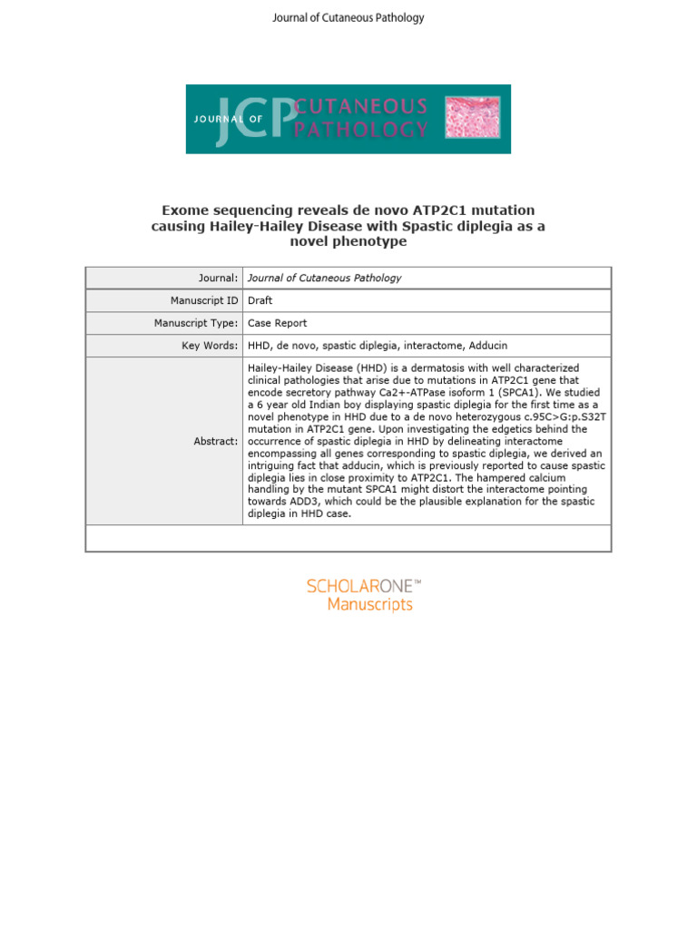 ATP2C1 Mutation in Hailey-Hailey Disease | PDF | Mutation | Genetics