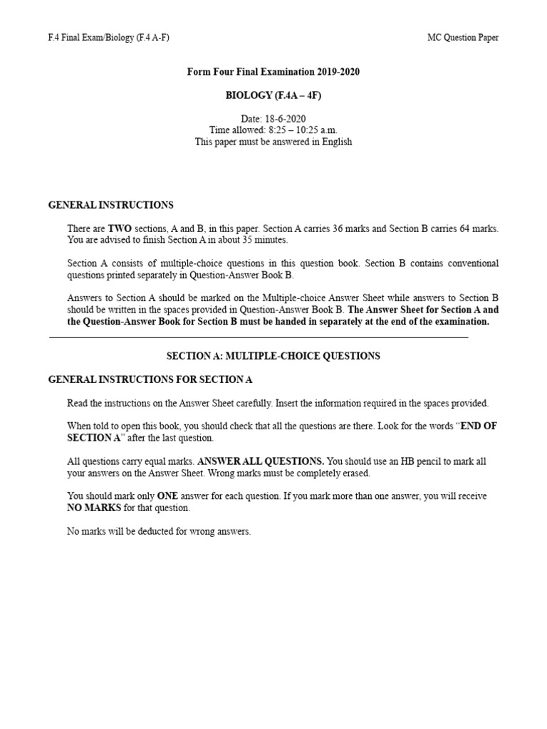 F.4 Biology Final Exam MCQ Paper | PDF | Fertilisation | Capillary