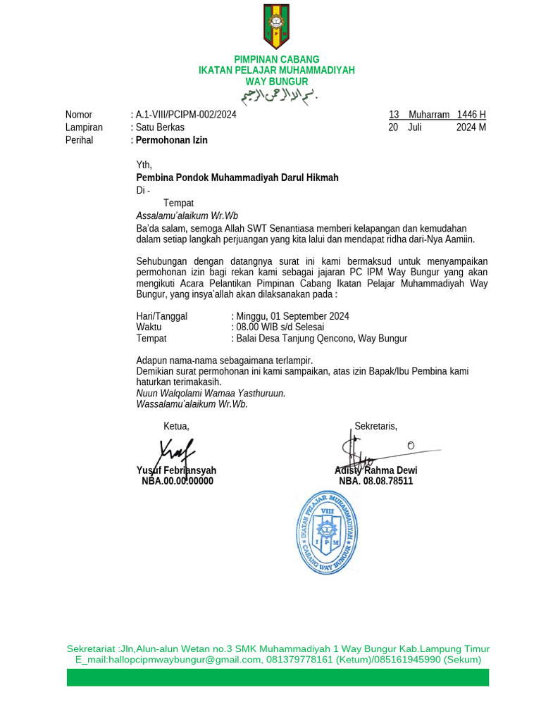 [002]. Surat Izin Pondok Pelantikan 2024-2026. [002] | PDF