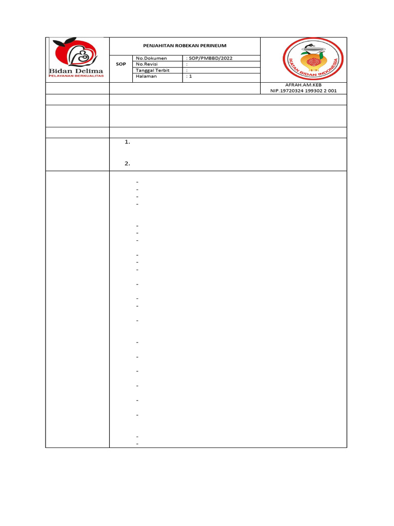 Penjahitan Robekan Perineum: SOP Bidan | PDF