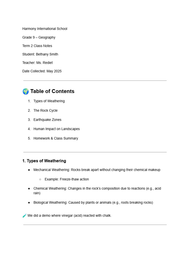Grade 9 Geography Weathering Rocks Term2 Bethany Smith | PDF