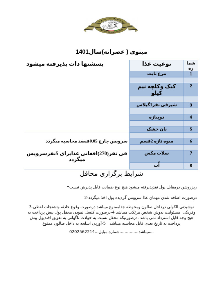 مینو عصرانه سال 1401 | PDF