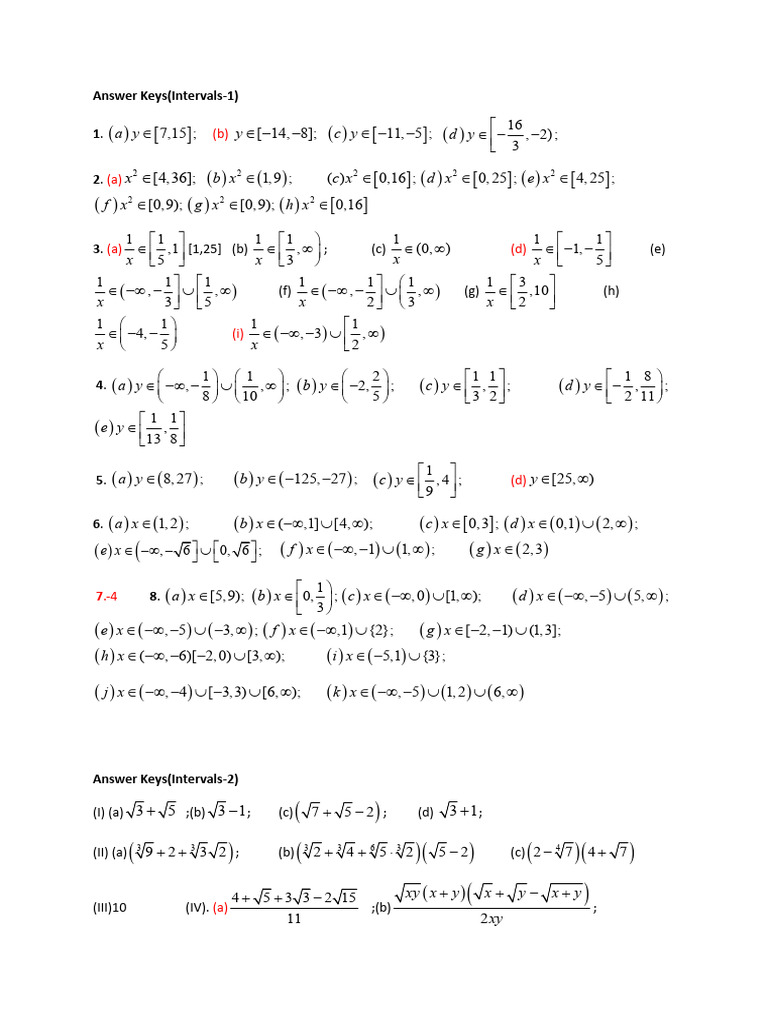 Answer Keys (Intervals, Modulus) | PDF