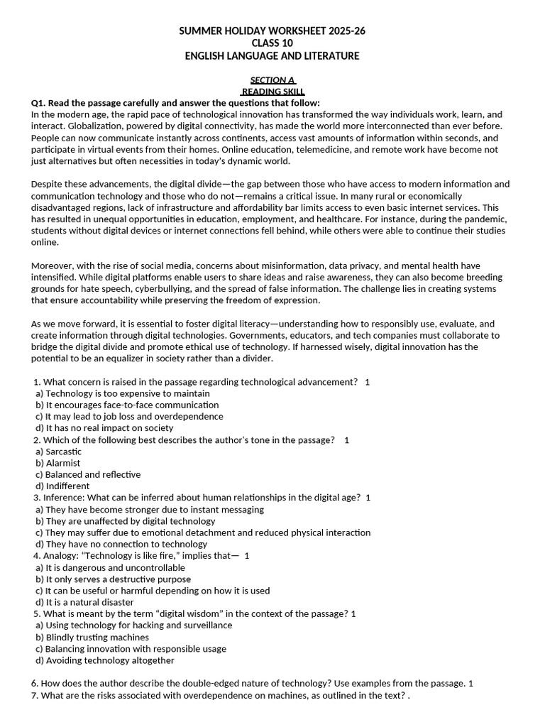 Class 10 English Worksheet | PDF