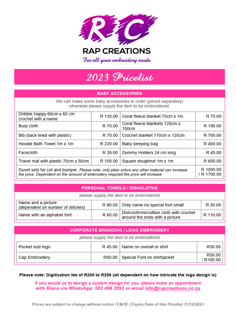 2023 Embroidery Price List | PDF | Embroidery | Clothing