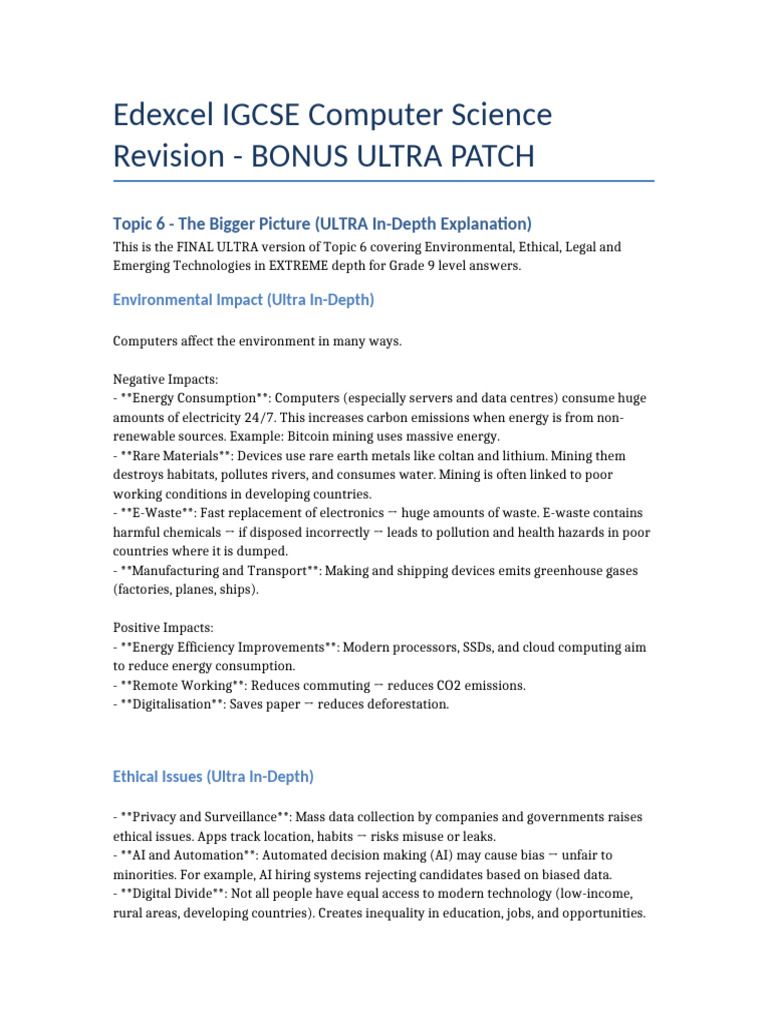 Edexcel IGCSE Computer Science BONUS ULTRA PATCH Topic6 FullDepth | PDF | Artificial ...