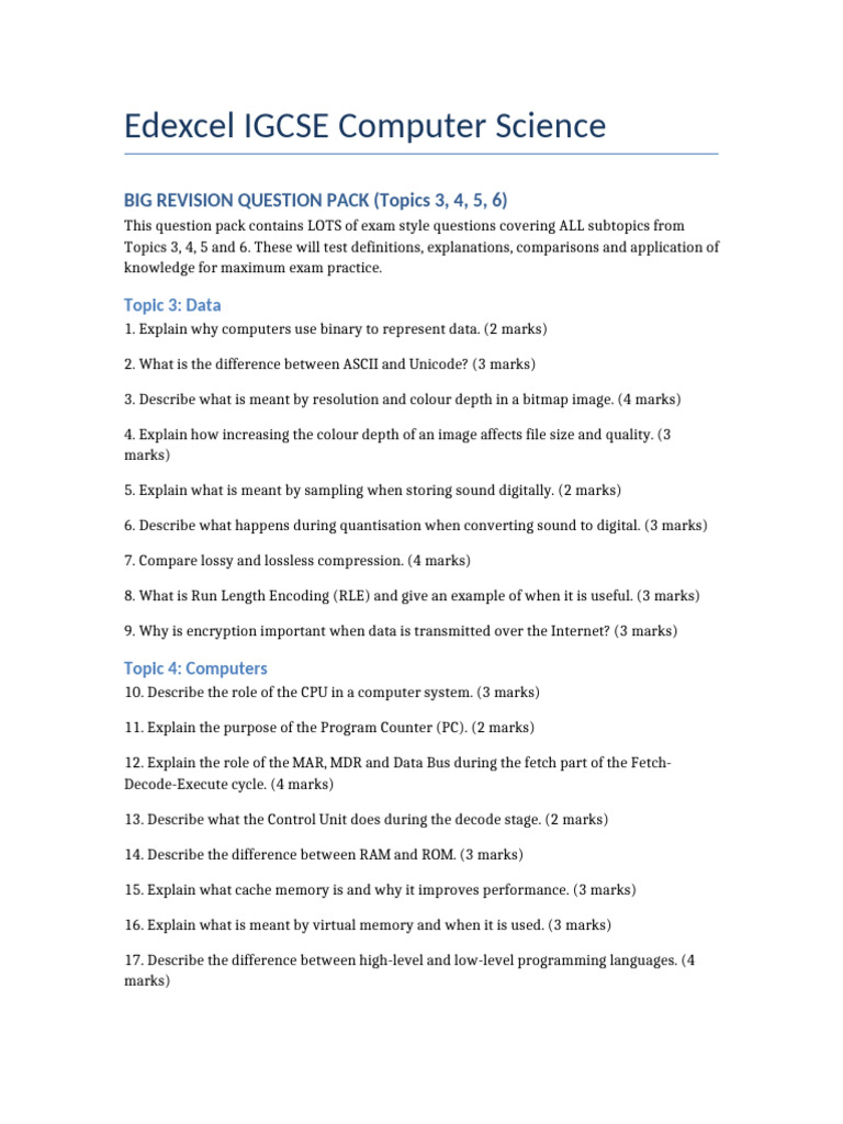 Edexcel IGCSE Computer Science BIG REVISION QUESTION PACK | PDF ...
