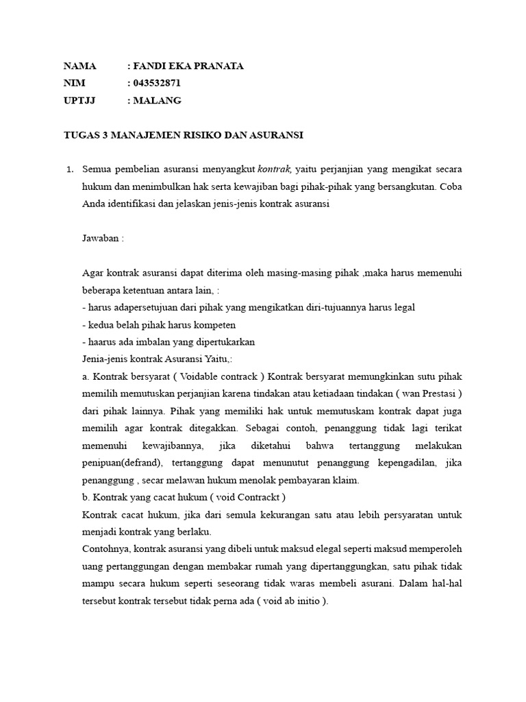 Tugas 3 Manaj Resiko Dan Asuransi - Fandi Eka Pranata (043532871) | PDF